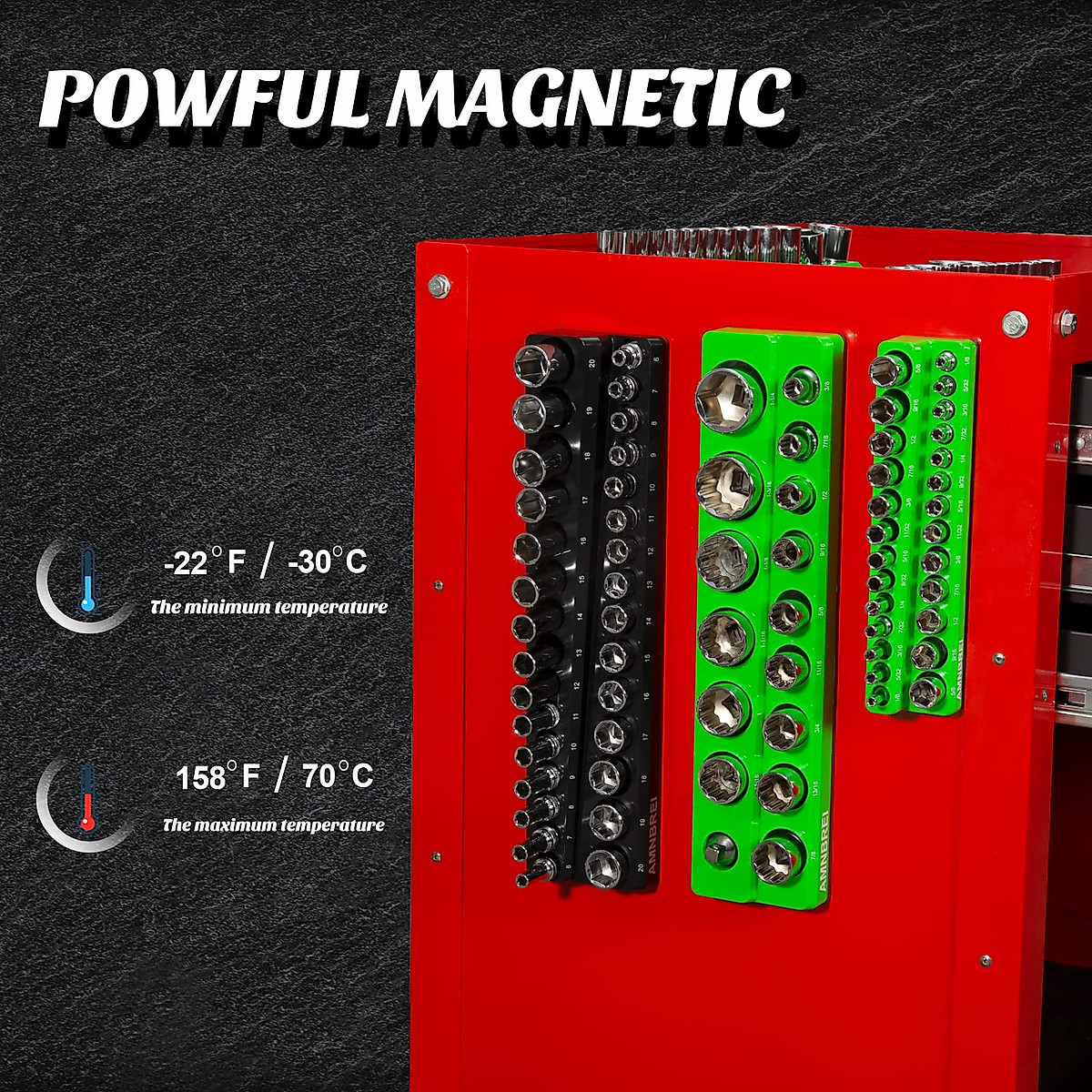 AMNBREI Magnetic Socket Organizer, 6 Piece Set Metric and SAE Magnetic Socket holders Holds 143 Sockets, 1/2-inch, 3/8-inch, 1/4-inch Drive， Attaches to Metal Wall, Organizer Tool Box, Green and Black