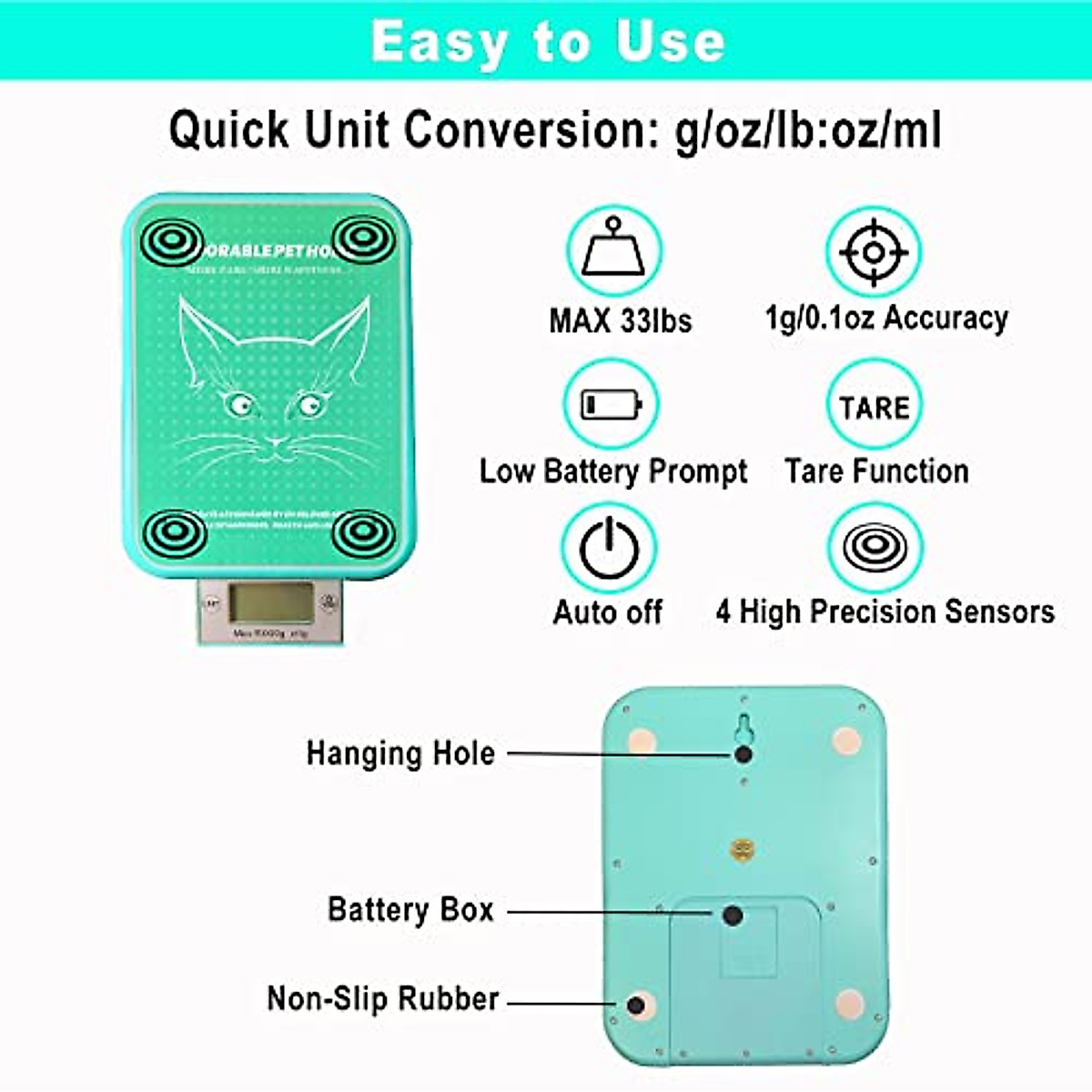 Flyvyan Digital Pet Scale, Puppy Scale for Whelping, Kitten Scale with Foldable LED Display, Small Animal Scale for Dog/Cat/Rabbit/Hamster, Kitchen Scale with Removable Tray (Robin Egg Blue)
