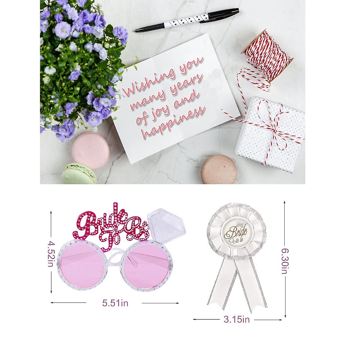 BIEAEIA Bachelorette Party Bride to Be Kit-1 White Double Ribbon Edge Center Cascade Bridal Wedding Veil with Comb,1 Bride to Be Satin Sash, 1 Badge, 1 leg lace. 1 Pink Bride to be glasses