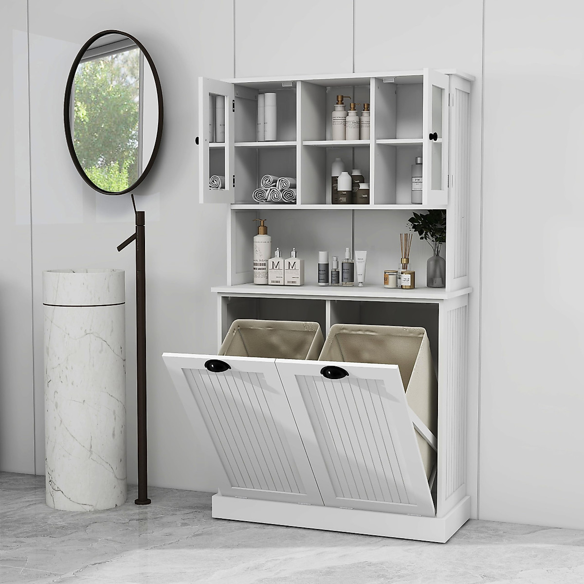 OQSC Tall Tilt-Out Double Doors Laundry Cabinet Hamper, Large Pull Out Laundry Room Storage Cabinets, Bathroom Cabinet with Hidden Laundry Hamper & Glass Doors, White,13 * 2 Gallons