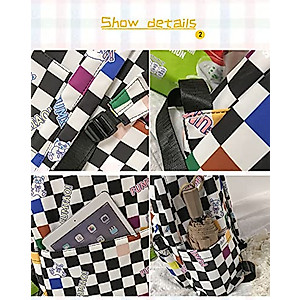 Nouflux Kawaii Backpack for Girls School Cute Backpack with Doll Checkerboard Backpack Teen Girls(Black)
