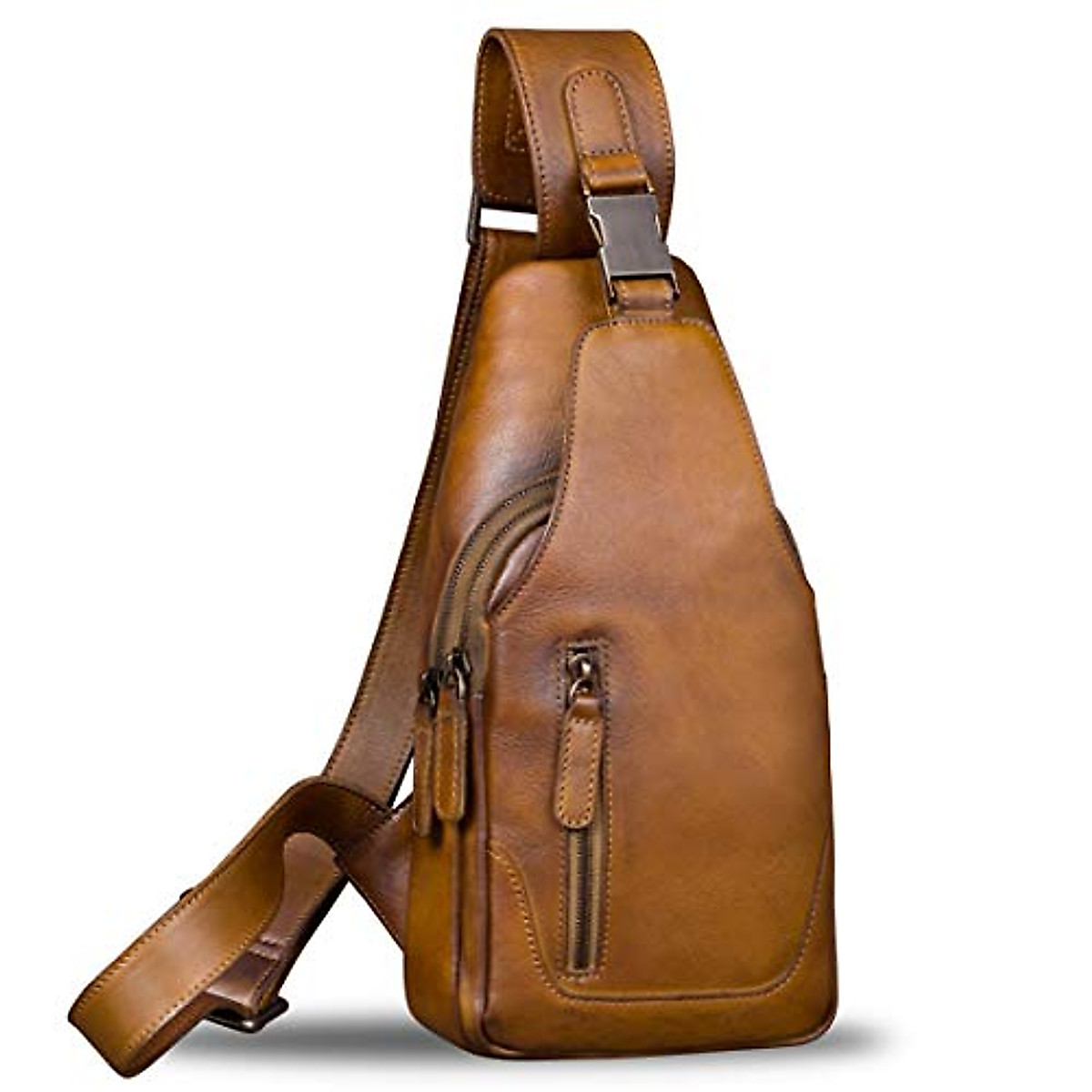 Genuine Leather Sling Bag for Men Chest Shoulder Crossbody Hiking Backpack Vintage Handmade Daypack (Brown)