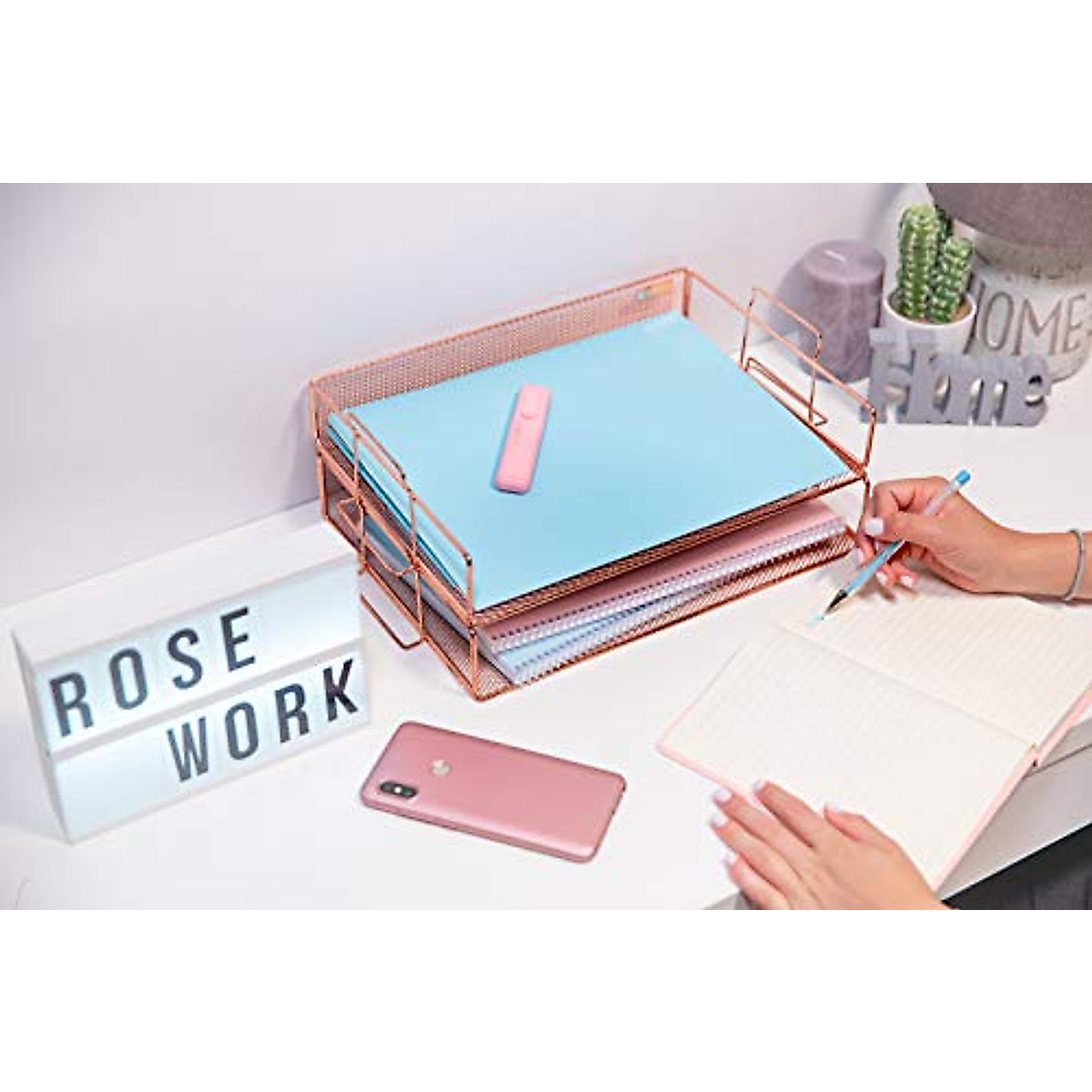 Rose Gold Letter Tray - 2 Tier Rose Gold Desk Organizer for Women, Stackable Paper Tray Organizer, File Organizer for Home Office and Desk Accessories