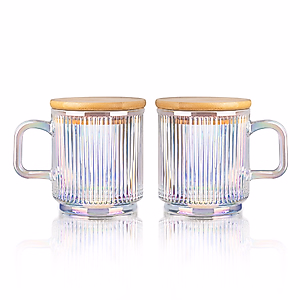 Joeyan Iridescent Glass Coffee Mugs Set of 2-11.5 oz Striped Coffee cups with Lid - Large Drinking Glasses with Handle for Latte, Coffee, Tea, Milk, Juice