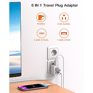 [2-Pack] European Travel Plug Adapter, Foldable International Plug Adapter with 2 AC Outlets 3 USB Ports(2 USB C), Type C Travel Essentials to Most Europe EU Spain Italy France Germany