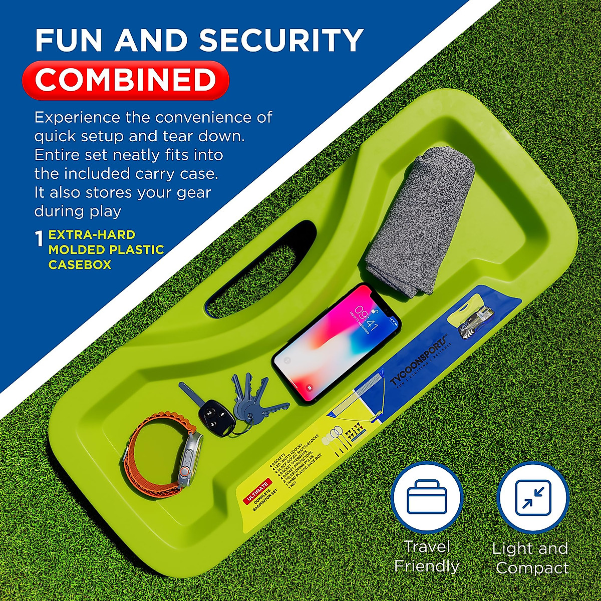 Complete Badminton Set | Portable Badminton Net with Stand 10 x 5 | 4 Badminton Rackets | 4 Over-Grips | 4 Racket Protectors | 8 Badminton Birdies (4 LED & 4 Goose-Feather) | 1 Hard Carry Case