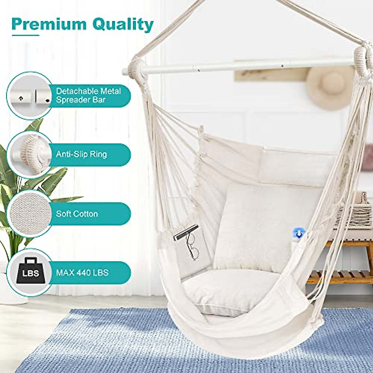 Outerman Hammock Chair, Hanging Chair with 3 Cushions and Foot Rest Support, Durable Metal Spreader Bar Max 500 Lbs, Swing Chair for Bedroom, Indoor & Outdoor, Patio, Porch or Tree（White）
