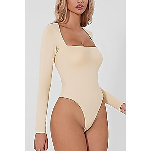 QINSEN Bodysuit Shirts for Women Square Neck Long Sleeve Shirt Double Lined Tops Marzipan M