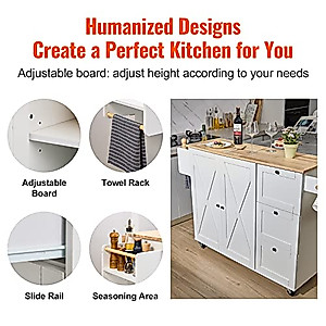 VEVOR Kitchen Island Cart with Solid Wood Top, 45.3" Width Mobile Carts with Storage Cabinet, Rolling Kitchen Table with Spice Rack, Towel Rack, Drop Leaf and Drawer, Portable Islands on Wheels, White