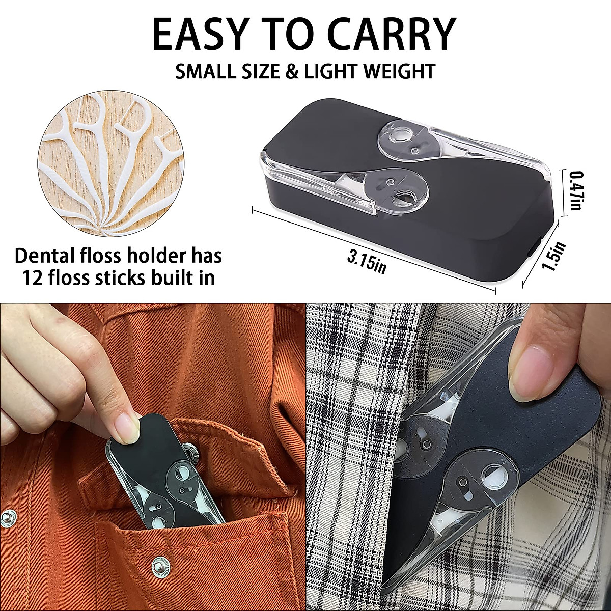 Dental Floss Portable Floss Dispenser Floss Box Dental Floss Picks Dispenser Floss Pick Holder Automatic Floss Organizer Travel Floss for Women Men Teeth Cleaning(Black+Black)