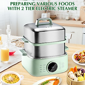 spoonlemon Electric Food Steamer, 9.3L 2-Tier Digital Steamers for Cooking with 24H Booking & 6H Auto Warming, 8 Modes Fast Heating Vegetable Steamers Stainless Steel with Boil Dry Protection, Green