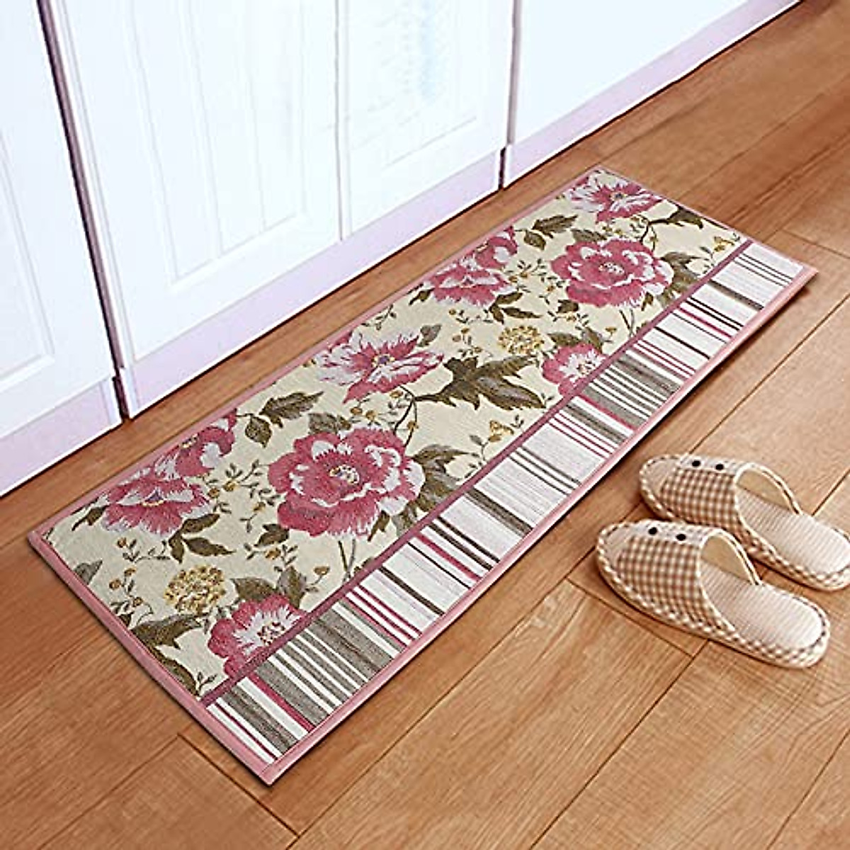 yazi Fabric Kitchen Mat Area Rug Red Striped Flower Non-Slip Rubber Backing Floomat,47x18 Inches