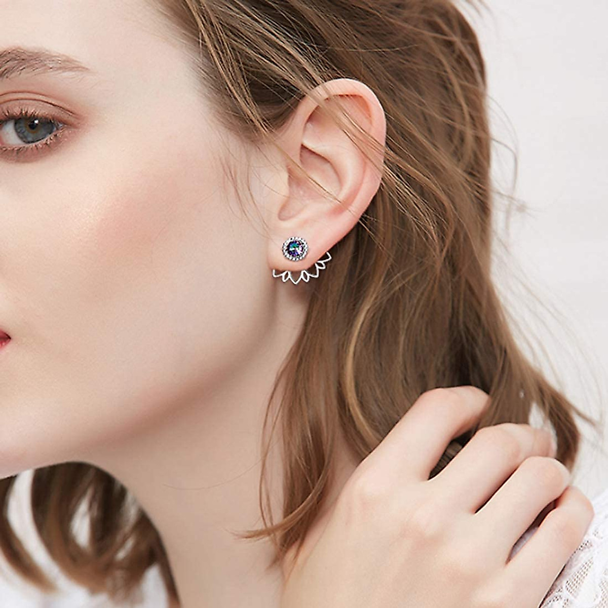 ChicSilver Hypoallergenic Ear Jacket Stud Lotus Flower Earrings for Women, 925 Sterling Silver Colorful Topaz Front/Back Stud Earrings for Sensitive Ear Dainty Fashion Jewelry