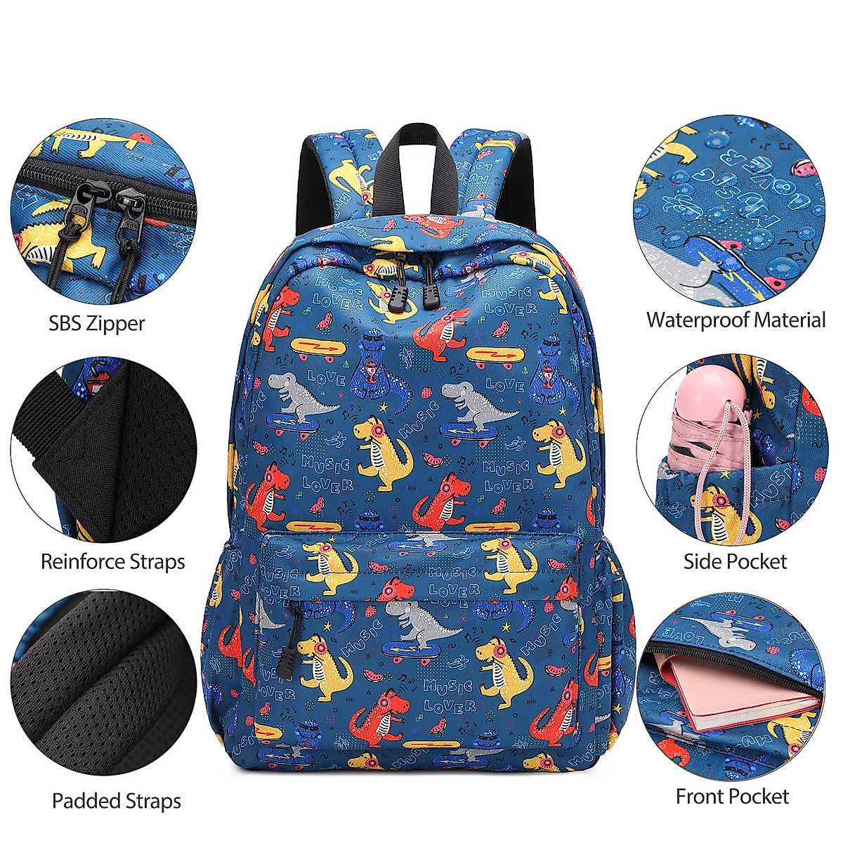 Dinosaur Backpack For Boys School Backpack Toddler Waterproof Travel Bag Kindergarten Backpack With Lunch Box (Dinosaur-Blue)