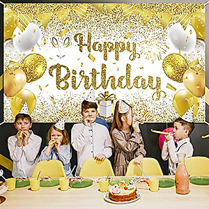 Gold White Birthday Party Decorations Banner, Gold and White Happy Birthday Backdrop Banner, Large Gold White Birthday Banner Photography Background Party Decoration for Women Men Girls 70.8x43.3Inch