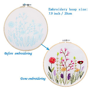 3 Pack Embroidery Starter Kit with Pattern, Kissbuty Full Range of Stamped Embroidery Kit Including Embroidery Fabric with Pattern, Bamboo Embroidery Hoops, Color Threads and Tools Kit (Floral Plants)