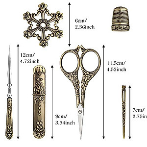 Embroidery Scissors Kits, Stainless Steel Safety Scissors, Threader with Needle Bottle, Metal Floss Bobbin, Awl, Thimble for Sewing,Cutting,Art Work,Embroidery,Needlework (Green patina)