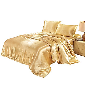 DREFEEL Hotel Quality Golden Duvet Cover Set Twin/Single Size Satin Silk Like Bedding with Hidden Zipper Ties, Soft Smooth Durable Stain Resistant Quilt/Comforter Cover Set