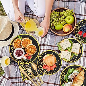 Black and Gold Party Supplies-Golden Dot Paper Plates,Black Napkins&Cups and Plastic Utensils,Gold Rim Disposable Paper Tableware for Birthday,Retirement,Graduation,175Pcs,Serve 25