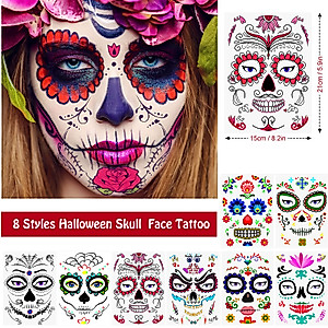 WILLBOND Day of the Dead Headband Halloween Crown Rose Floral Veil Headband with 8 Pcs Halloween Temporary Face Tattoos Dead Skull (Multi Color, Charming Style)