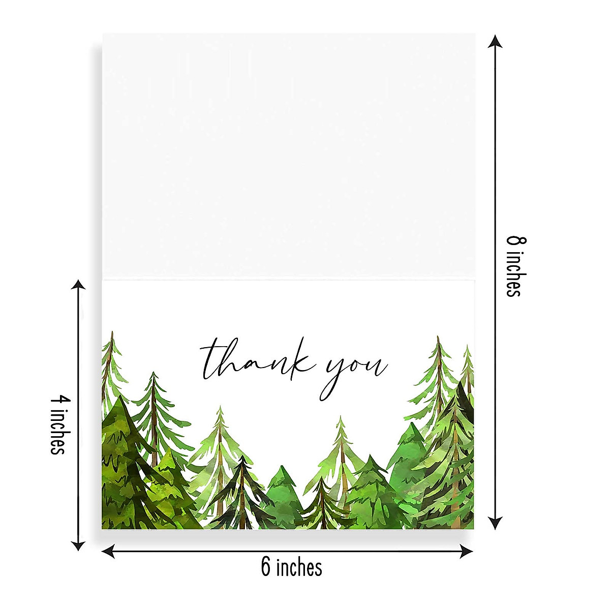 50 Green Forest Trees Thank You Cards, Watercolor Greenery Thank You Note Cards, 4''x6'' Woodland Thank You Cards