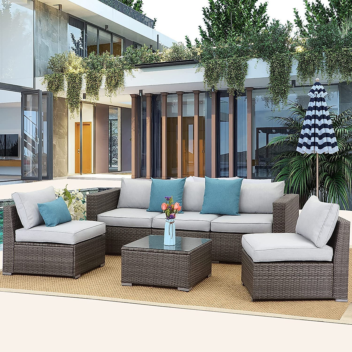 ClawsCover 12 Pack Outdoor Seat and Back Cushions Replacement Covers Fit for 6Pieces 5-Seater Wicker Rattan Patio Furniture Conversation Set Sectional Couch Chairs,Grey-Include Cover Only