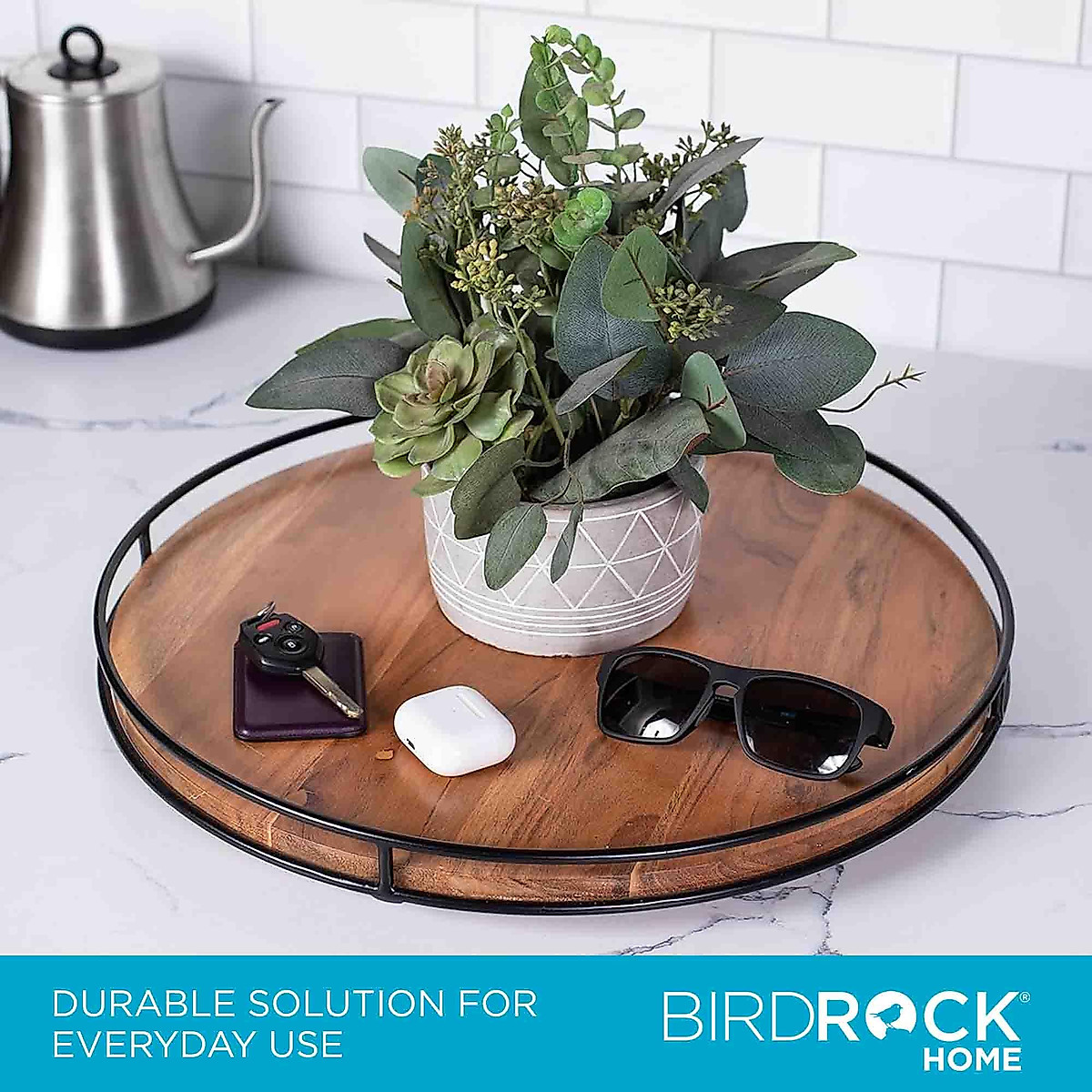 BIRDROCK HOME 18” Wooden Lazy Susan - Espresso - Iron Edges - Table Top Turntable - Cabinet or Pantry Organizer - Decorative Spice Rack Medicine Cleaning Spinning Table - Wood