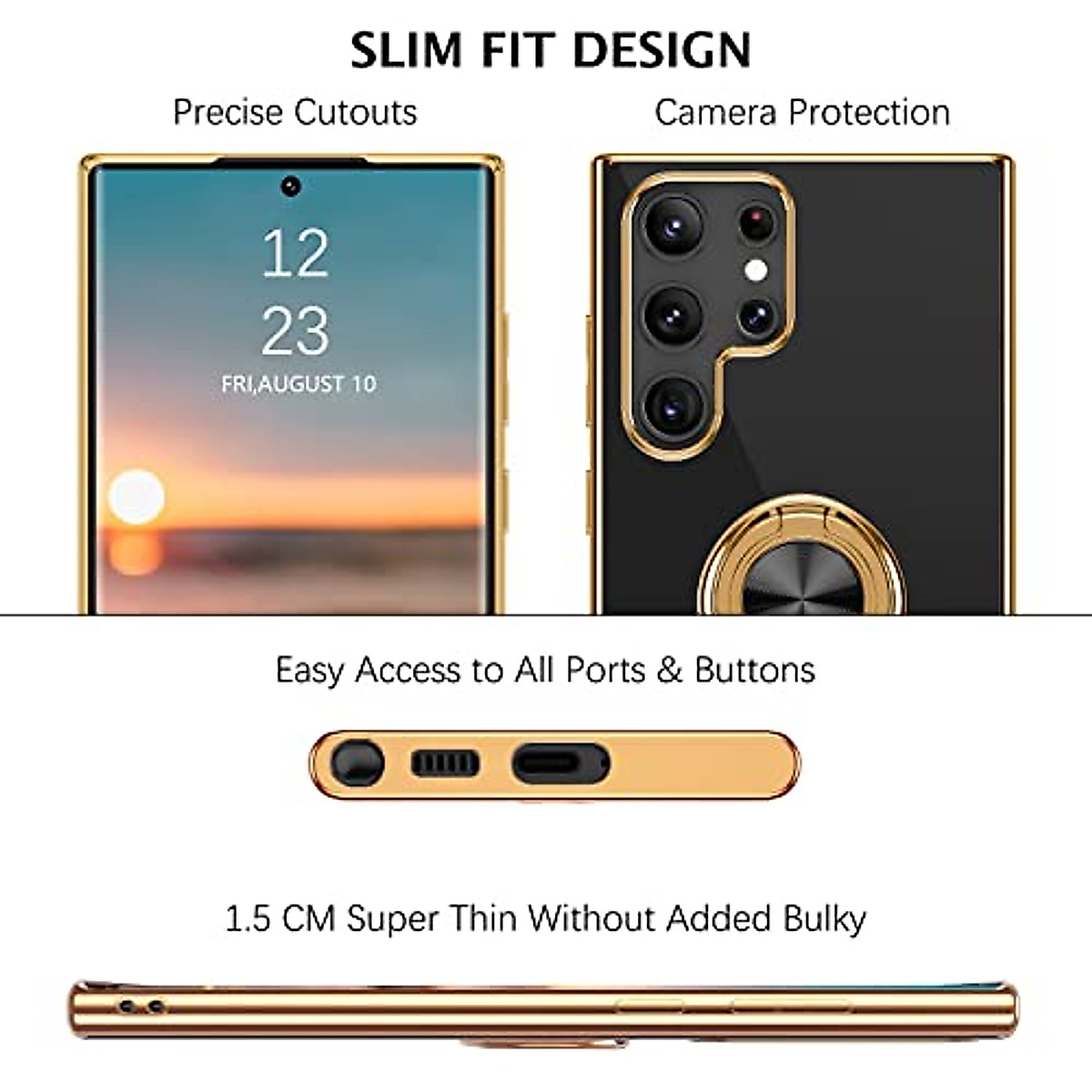 BENTOBEN Samsung S22 Ultra Case, 360° Ring Holder Kickstand Support Car Mount Elegant Plating Edge Slim Shockproof Soft TPU Protective Phone Cover for Samsung Galaxy S22 Ultra 6.8" 2022, Black/Gold