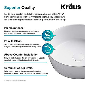 KRAUS Viva™ Round White Porcelain Ceramic Vessel Bathroom Sink with Pop-Up Drain, 15 3/4 in. D x 5 3/8 in. H, KCV-205GWH