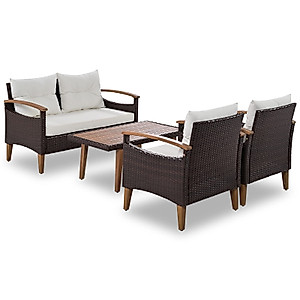 4-Piece Outdoor Patio Furniture Set, Sofa Garden Conversation Bistro Sets PE Rattan Wicker Sofa Set with Cushion, Wood Table and Legs, for Lawn, Porch, Poolside, Backyard, Brown and Beige