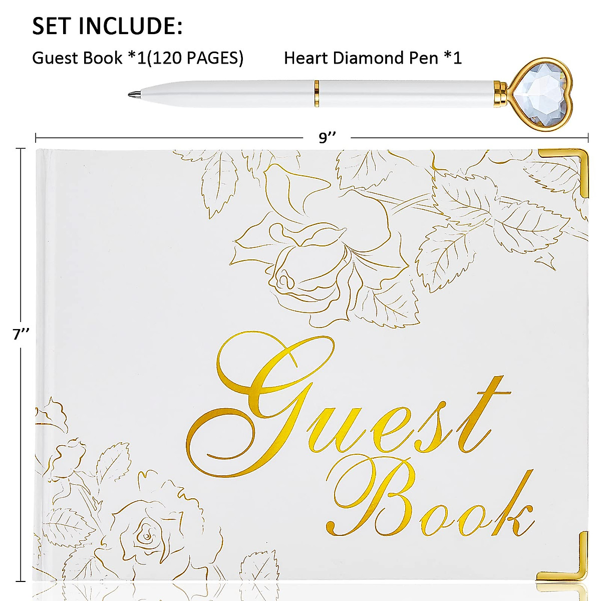 JEWPHX Guest Book with Pen– 9"x7" Hardcover 120 Page/60 Sheets-Gold Foil Gilded Edgesfor Guests to Sign at a Wedding, Party, Baby or Bridal Shower(White)