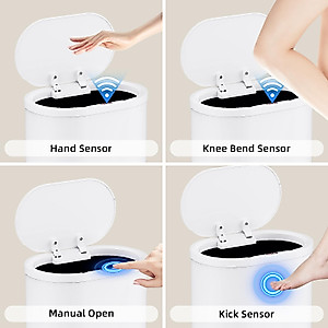 KUK Stainless Steel Bathroom Trash Can Automatic Touchless with Removable Inner Bucket, Waterproof, 1.6 Gallon Smart Trash Can with Lid for Bathroom Bedroom, Office - White