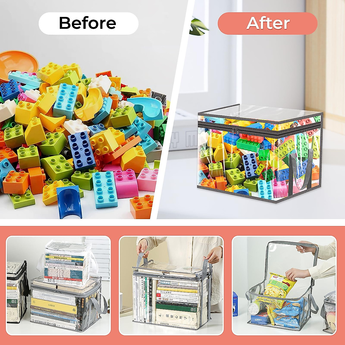 3 Pcs Clear Storage Bags for Toys, Reusable Clear Toy Organizer Bags with Zipper, Waterproof Bags for Building Blocks, Board Games,Puzzle, Kids Books, Clothes
