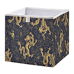 Kigai Vintage Chinese Dragon Cube Storage Bins - 11x11x11 In Large Foldable Storage Basket Fabric Storage Baskes Organizer for Toys, Books, Shelves, Closet, Home Decor