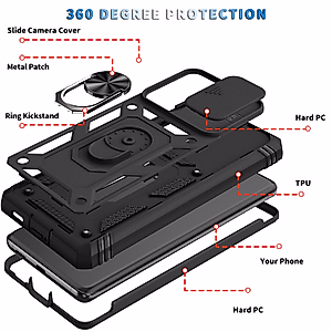 PASNEW for Samsung Galaxy S21 Ultra Case,360° Metal Ring Kickstand & Camera Cover Slide & Charge Port Dust Plug,Military Heavy Duty Full Body Shockproof Hard Shell for S21Ultra,6.8 inch,Black