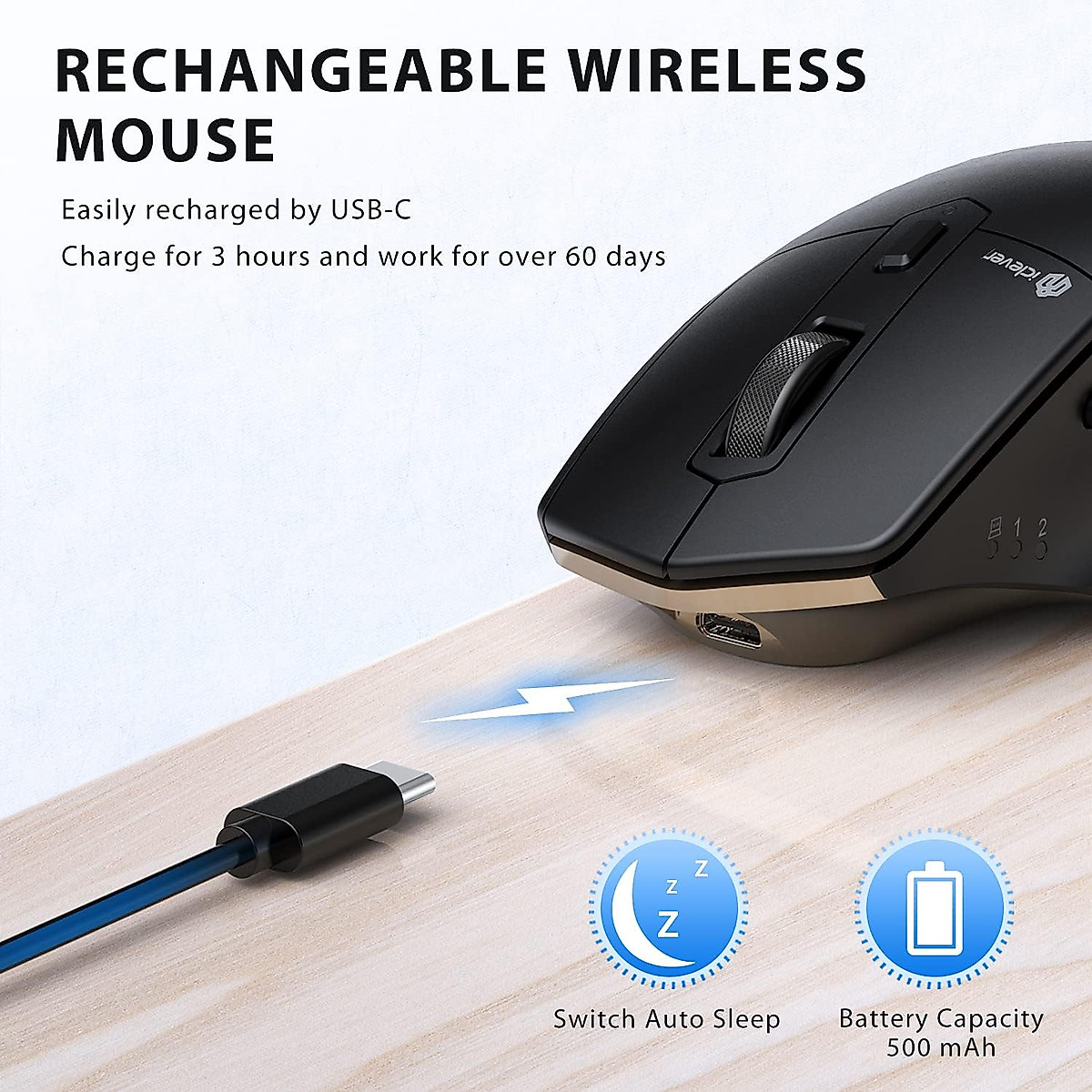 iClever Wireless Mouse with Bluetooth or USB Receiver, 5 Adjustable 2400DPI Rechargeable Computer Mouse, Wireless Mouse for Laptop, iPad, MacBook, Tablet, PC