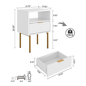 Masupu Nightstand,Mid-Century Modern Bedside Table with Storage Drawer and Open Wood Shelf,Small Gold Frame Side Table for Bedroom,Living Room,White