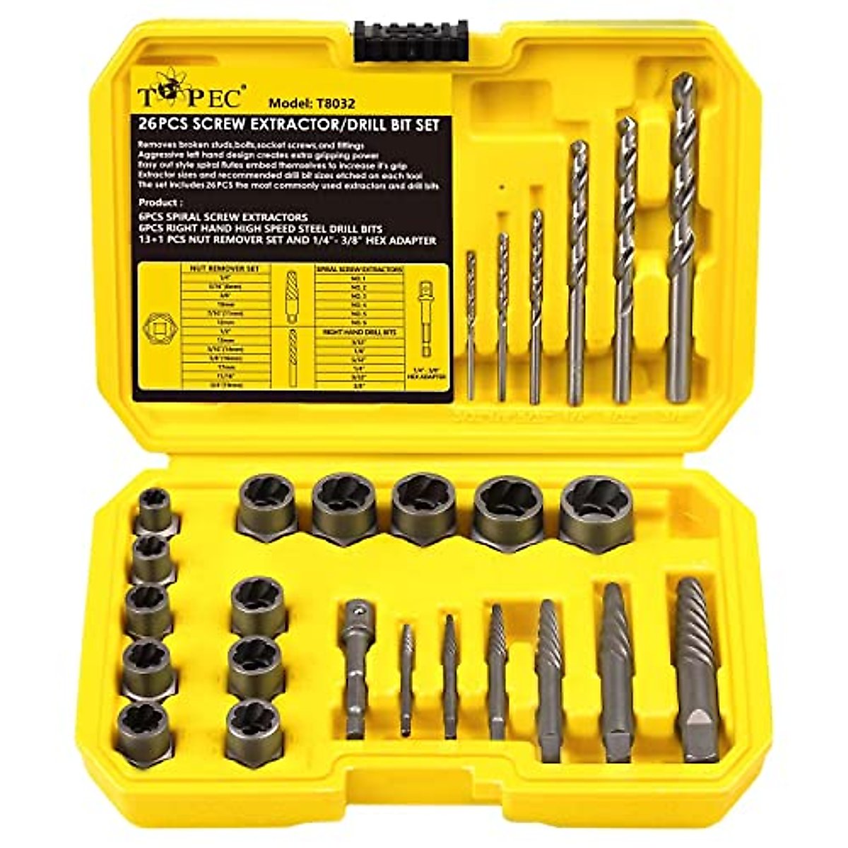 TOPEC Screw Extractor Set, 26 Piece Bolt Extractor Kit and Left Hand Drill Bit with Hex Adapter, Easy Out Stripped Lug Nut Remover Socket for Stripped, Damaged, Rounded-Off, Rusted Bolts, Nuts&Screws
