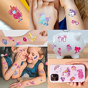 Pink Temporary Tattoos for Kids Girls and Women, Flower Star Handbag Crown Sunglasses Champagne Car Cake Party Fake Tattoos for Decorations, 140+ Styles Temporary Tattoos for Party Supplies & Favors