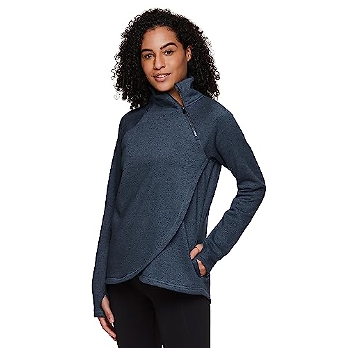 RBX Active Women's Quarter Zip Mock Neck Long Sleeve Fleece Pullover Sweatshirt With Pockets Blue F21 M