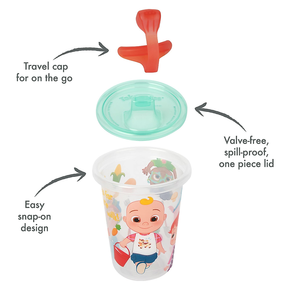 The First Years Cocomelon Take & Toss Toddler Sippy Cups - Spill Proof Toddler Sippy Cups with Snap On Lids and Travel Caps - Cocomelon Feeding and Party Supplies - 10 Oz - 8 Count