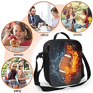 Insulated Durable Lunch Box with Shoulder Strap, Teen Boys/Adult Ice Fire Football Small Lunch Bag, Lunch Tote Box Bag for Office/Picnic/Beach
