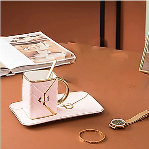 Anvirtue Handbag-Shaped Creative Ceramic Mug With Saucer Porcelain Tray & Spoon for Coffee, Hot Chocolate, Cappuccino, and Latte Breakfast (PINK)