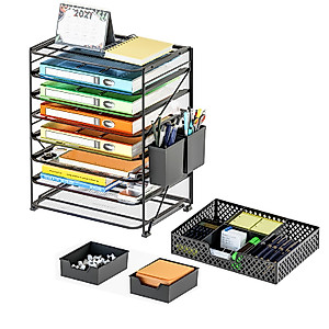 Simple Trending 4-Trays Mesh Office Supplies Desk Organizer, Desktop Hanging File Holder with Drawer Organizer and Vertical Upright Section for Office Home, Black