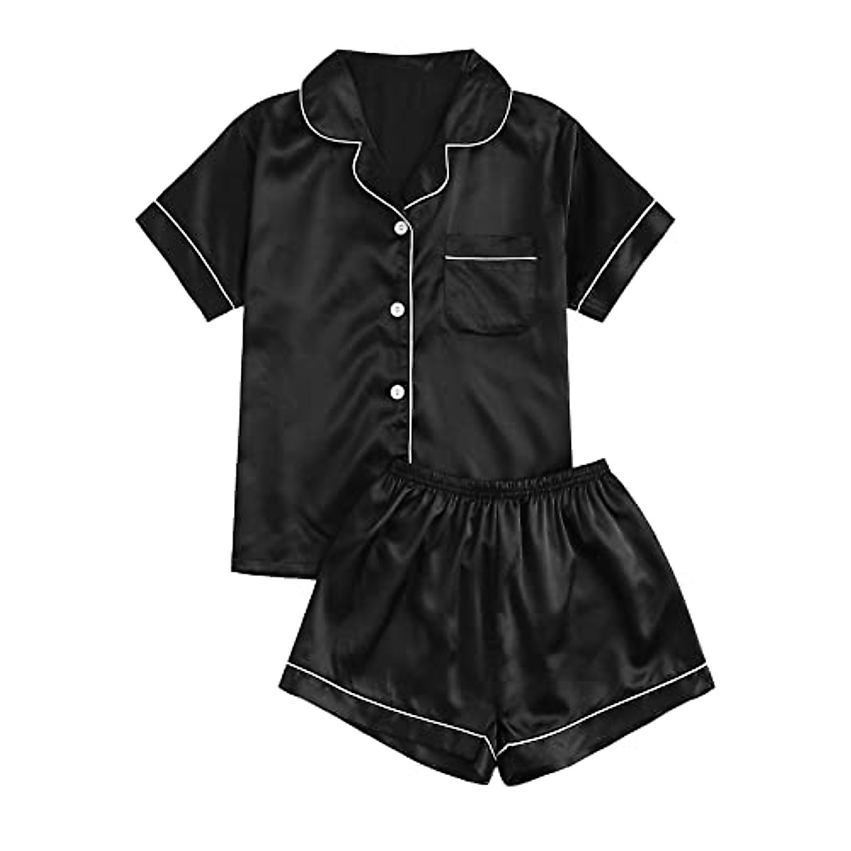JULGIRL Women's Silk Satin Pajamas Short Sleeve Shorts Loungewear Two-Piece Button-Down Pj Set (X-Large, Black)