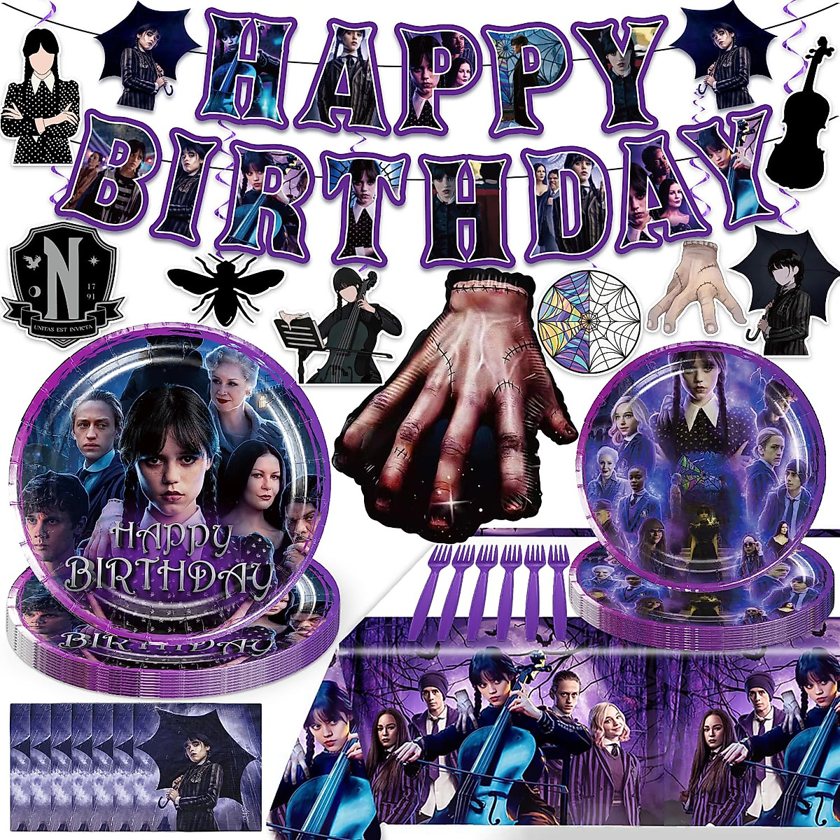 111pcs Happy Birthday Decorations Tableware Pack, includes Birthday Banner, Hanging Swirls, Foil Balloon, Plates, Napkins, Fork, Tablecloth, Happy Birthday Party Supplies