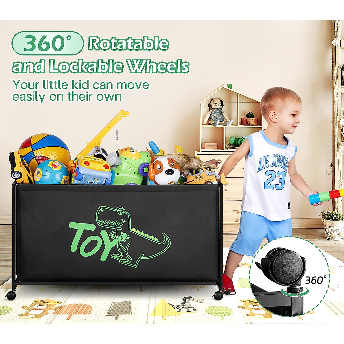 MISSLO Large Toy Box with Wheels Big Toy Chest for Kids Organizer Toy Storage Bin, 124L, Black