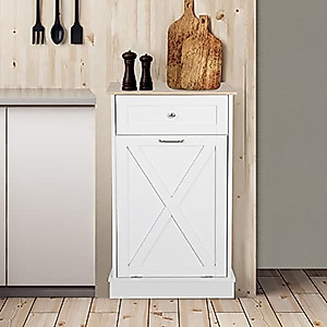 Puluomis Tilt Out Trash Cabinet-Free Standing Kitchen Waste Bin-Wooden Recycling Trash Cabinet with Drawer-White