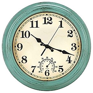 12 Inch Indoor/Outdoor Retro Waterproof Wall Clock with Thermometer,Vintage Battery Operated Silent Non Ticking Quartz Clock Wall Decorative for Kitchen/Bedroom/Living Room/Bathroom/Patio-Olive green