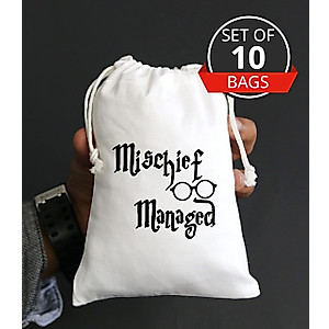 Mischief Managed Bachelorette Party Supplies for Boys/Girls | Hangover Kit-Recovery Kit - Survival kit for Men Women | Cotton Muslin Drawstring Bag 5 X 7 - Set of 10